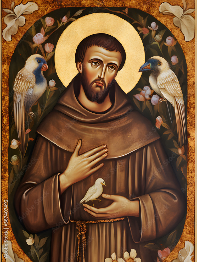 St Saint Francis of Assisi art painting illustration with birds ...