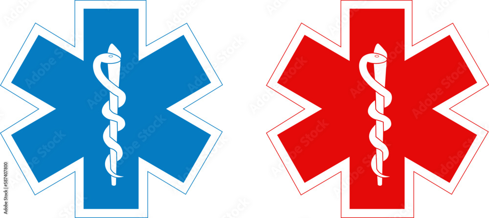 Medical symbol set red and blue Star of Life with Rod of Asclepius ...