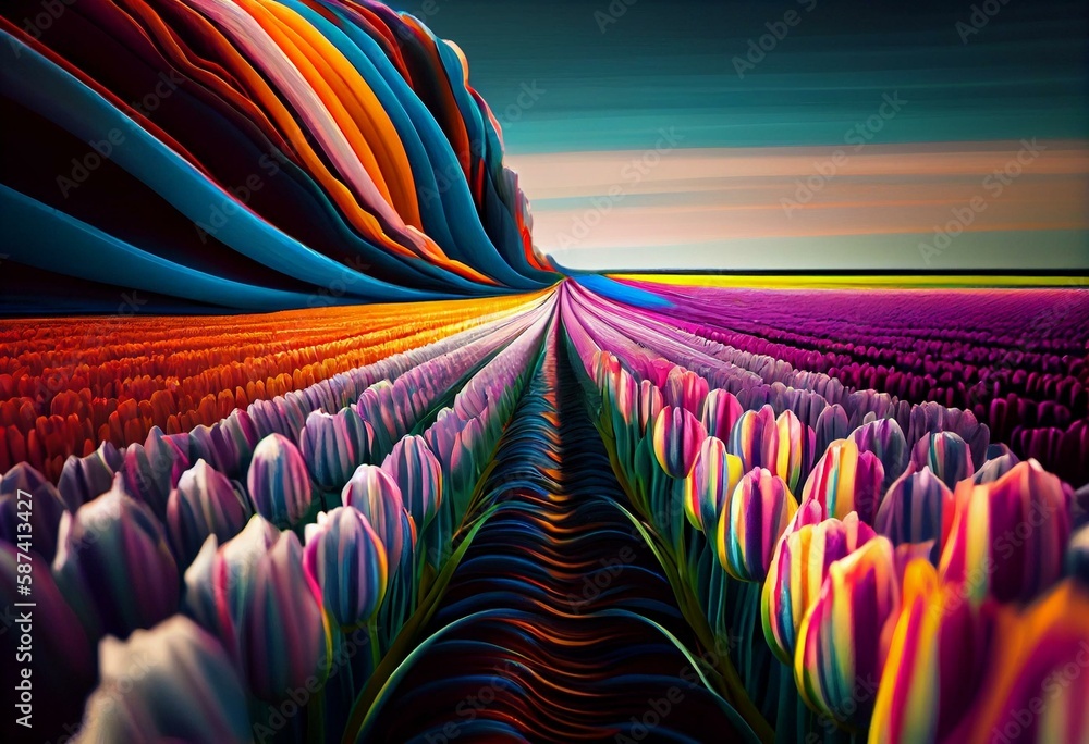 Visualization of paintings by Dutch artists depicting rows of iridescent stripes of multi ...