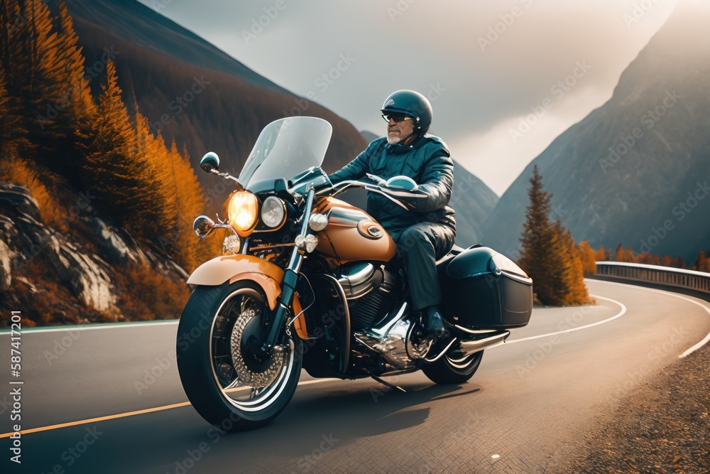 A group of elderly motorcyclists travels through the Norwegian fjords ...