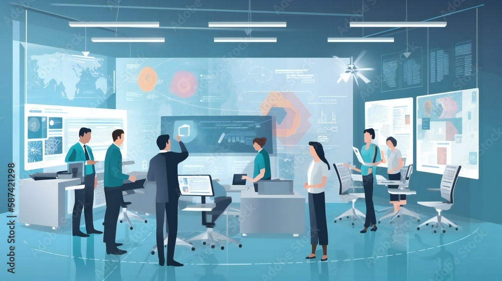 Depict teams of professionals working together using large interactive ...