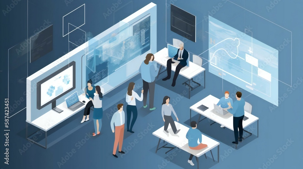 Depict teams of professionals working together using large interactive ...