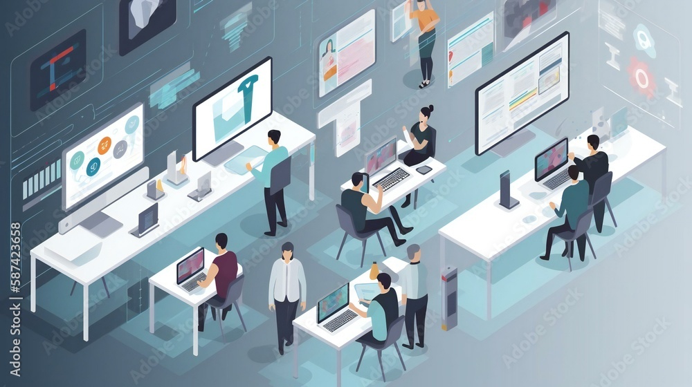 Depict teams of professionals working together using large interactive ...