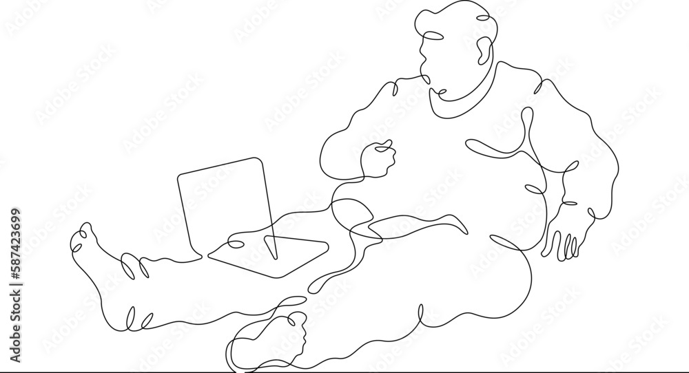 One continuous line. Fat man with a computer. Male character is looking ...