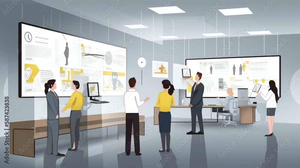 Depict teams of professionals working together using large interactive ...