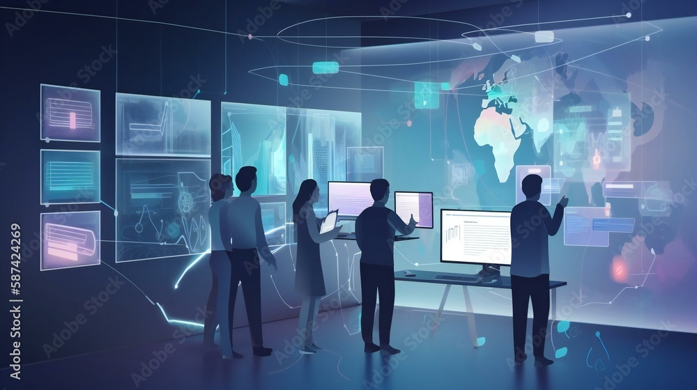 Depict teams of professionals working together using large interactive ...