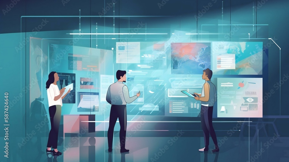 Depict teams of professionals working together using large interactive ...