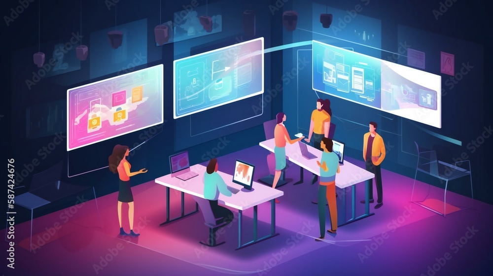 Depict teams of professionals working together using large interactive ...