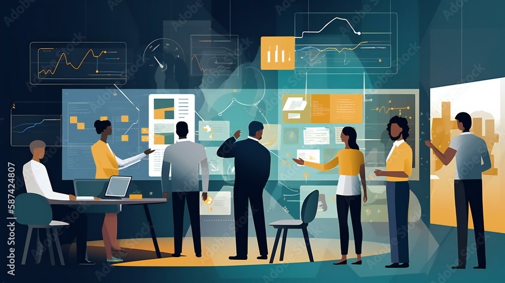 Depict teams of professionals working together using large interactive ...