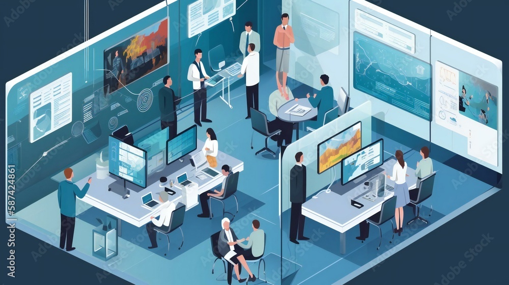 Depict teams of professionals working together using large interactive ...