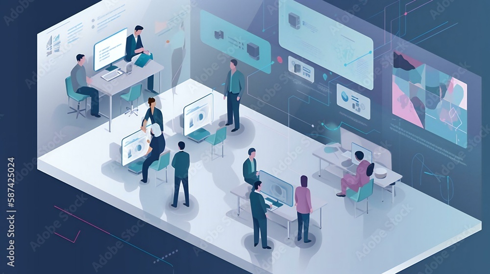 Depict teams of professionals working together using large interactive ...