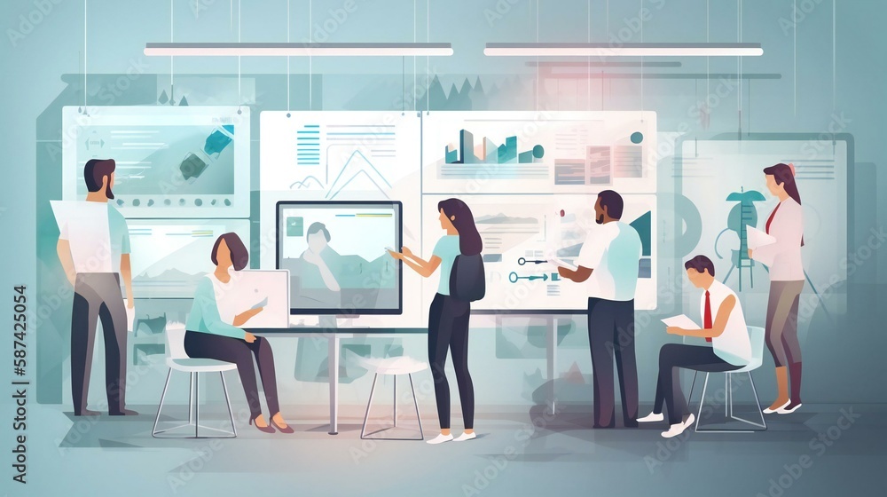 Depict teams of professionals working together using large interactive ...