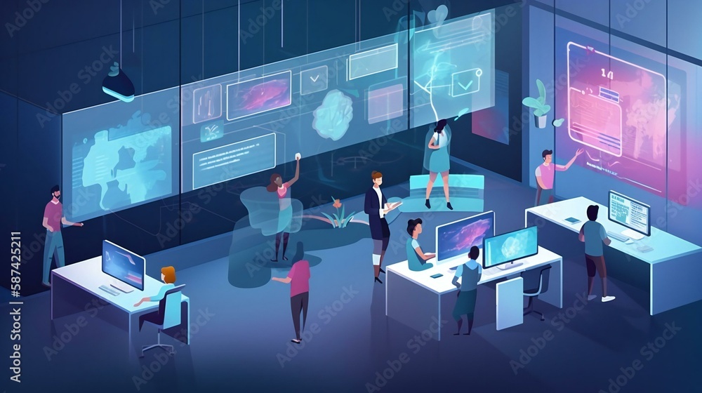 Depict teams of professionals working together using large interactive ...