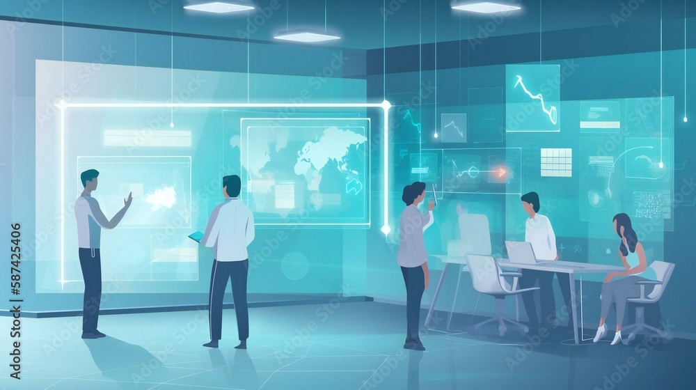 Depict teams of professionals working together using large interactive ...