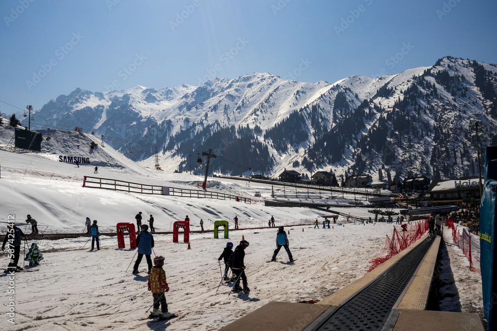Almaty Kazakhstan 25 March 2023. Medeo Shymbulak Mountain Resort's ski ...