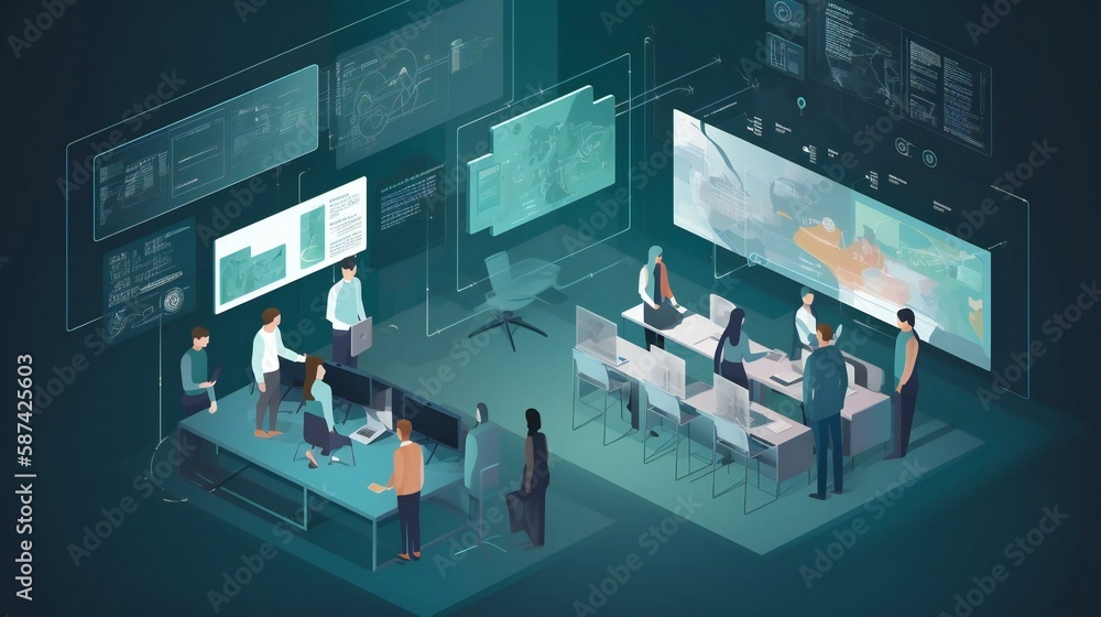 Depict teams of professionals working together using large interactive ...