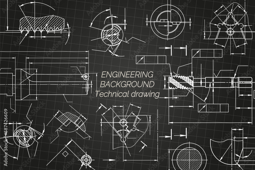 Mechanical engineering drawings on black background. Tap tools, borer ...