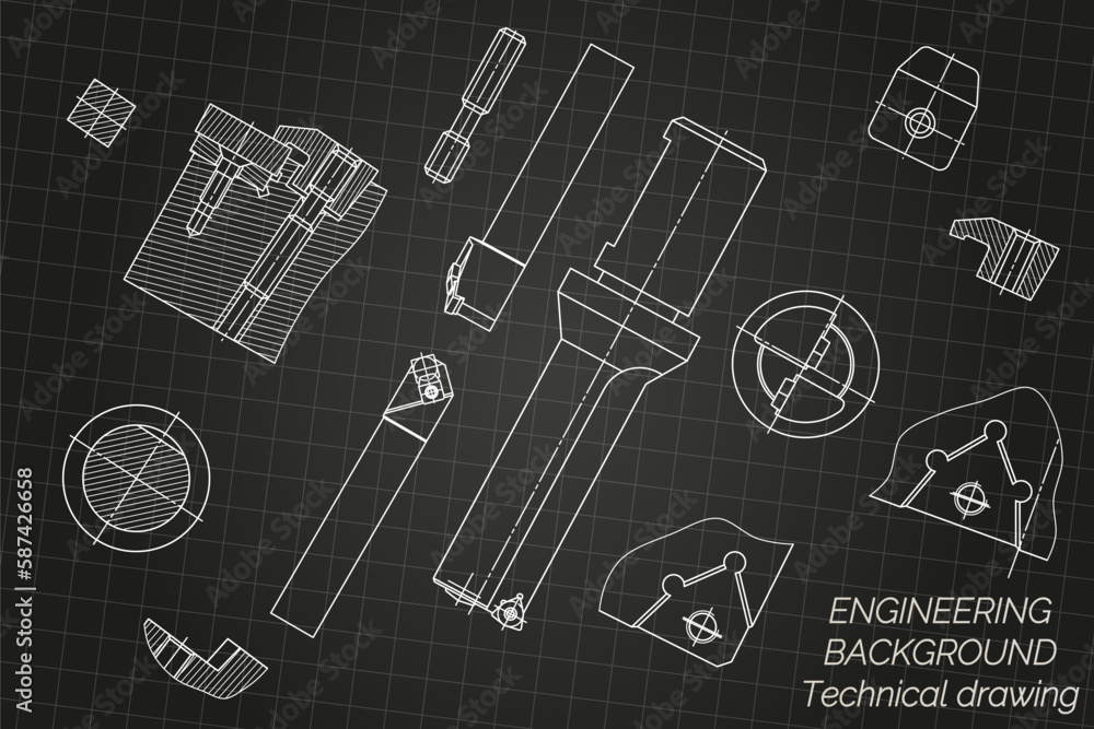 Mechanical engineering drawings on black background. Tap tools, borer ...