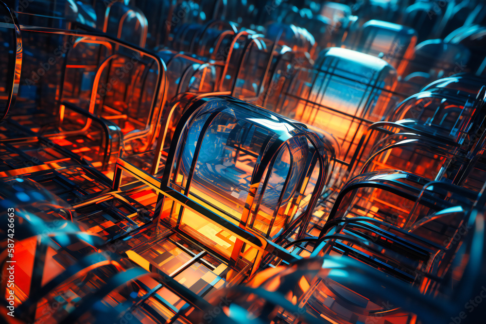 Blue and orange geometric shapes form a dynamic pattern, symbolizing ...