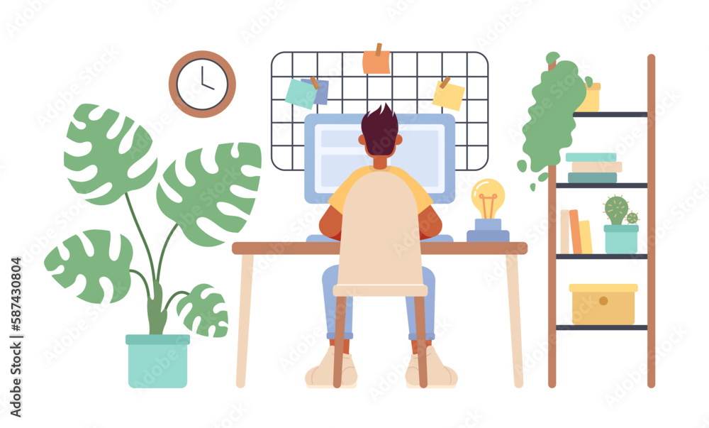 Cozy home office setup with freelancer 2D vector isolated spot ...