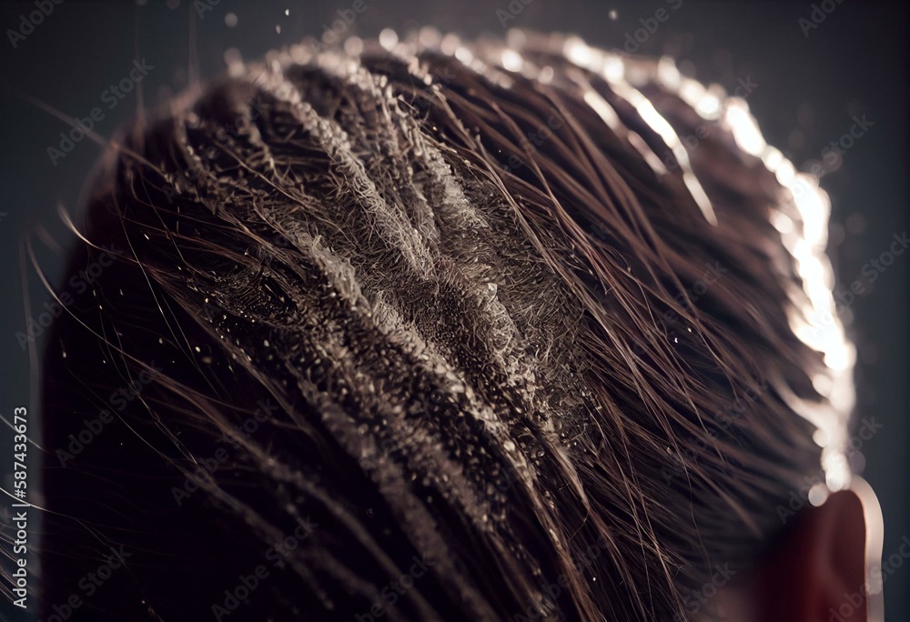 Dandruff flakes on hair strands. Dandruff (dead skin cells) prevention ...
