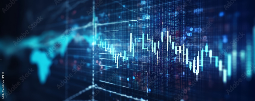 Business analysis and economic graph charts are displayed on a blue ...