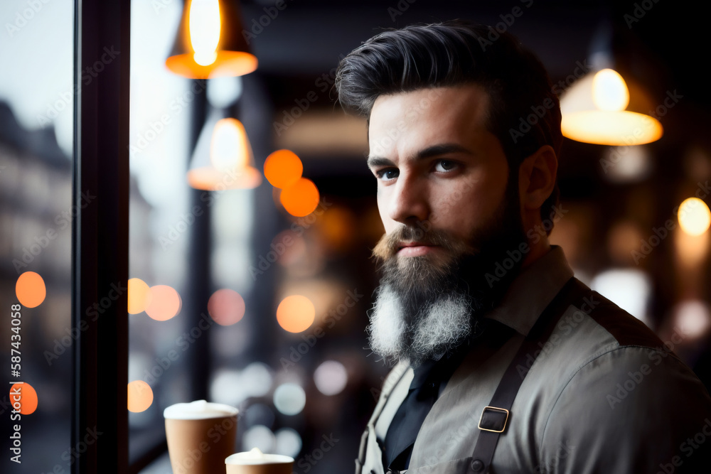 Portrait Professional brutal Barista with a fancy beard and makes ...