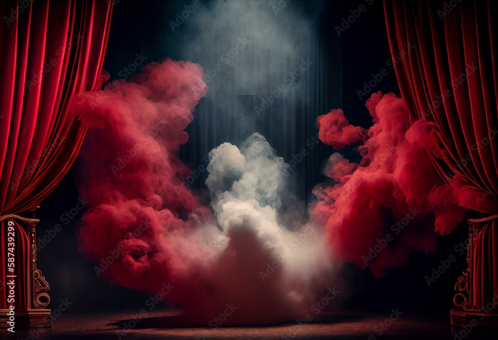 Volume light and smoke on the theater stage with red velvet curtains ...