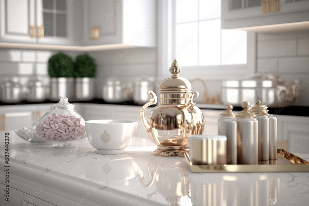 Luxury kitchen with white gold items. White gold kitchen countertop on ...