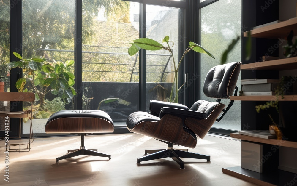 Side view of a lounge chair with a modern apartment background ...