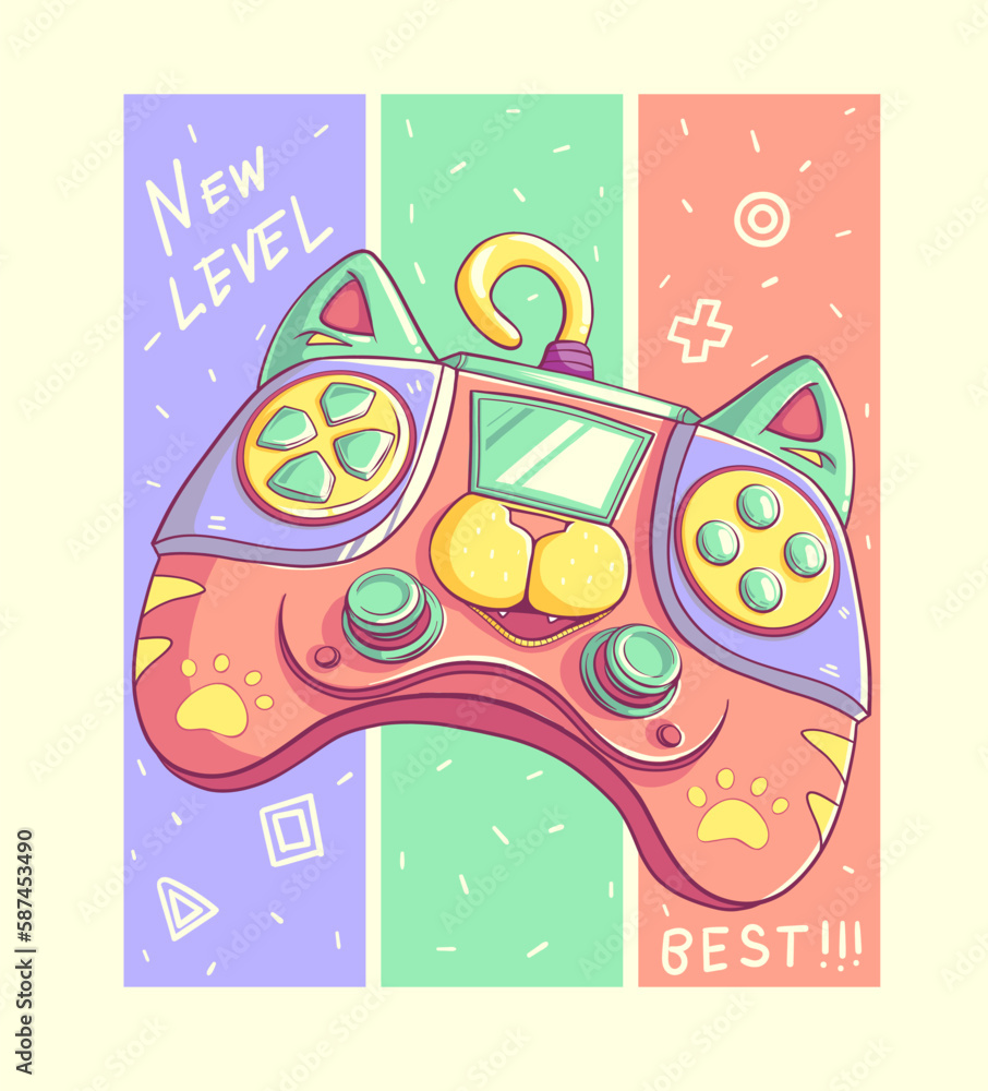 Colorful cartoon gaming poster with gamepad illustration in 70s style ...