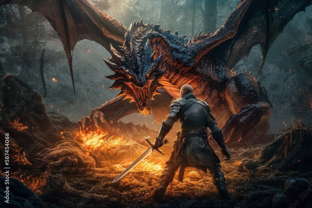 An epic battle between a knight and a dragon. AI generated, human enhanced Stock Illustration ...