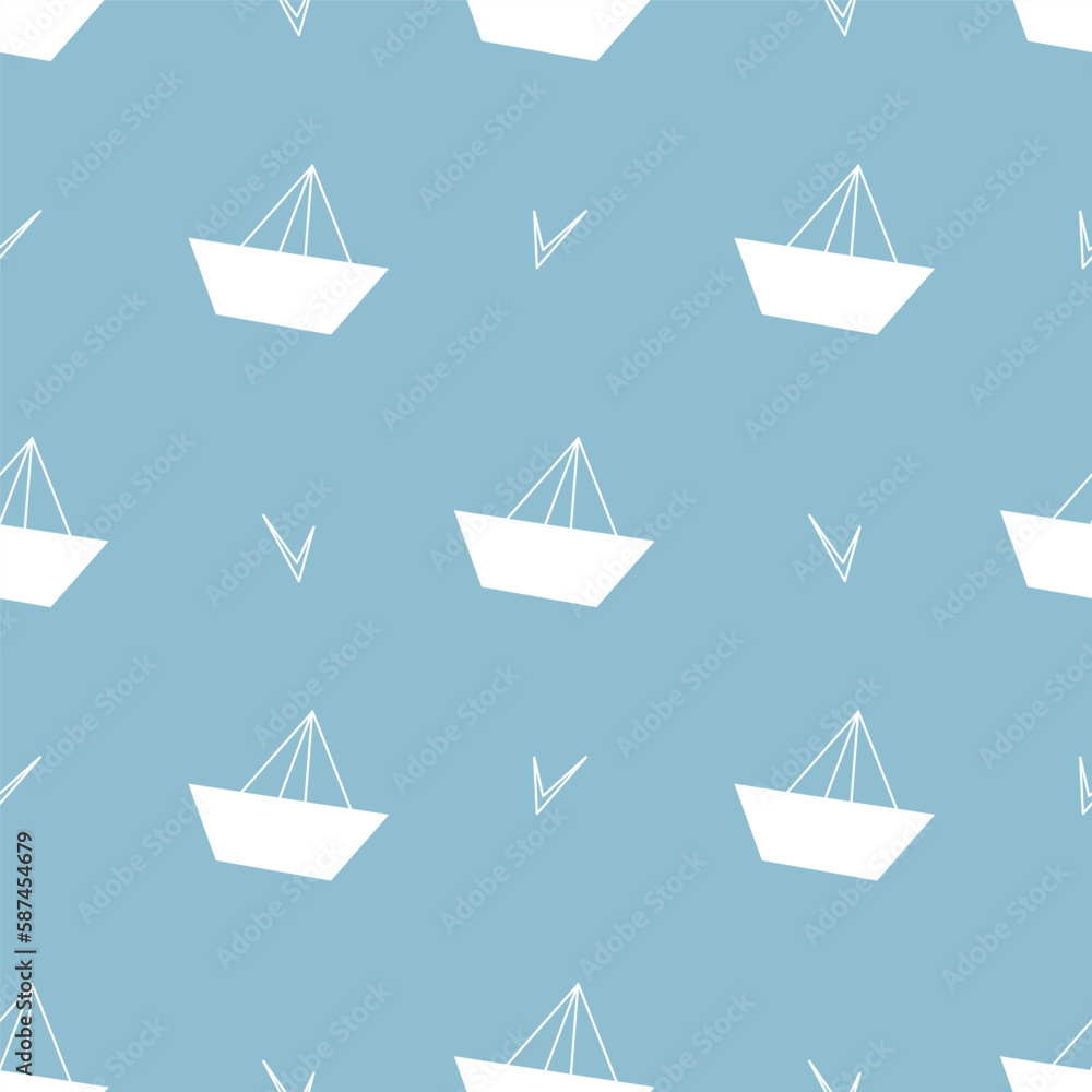 Vector seamless pattern with abstract white paper boats on bkue ...