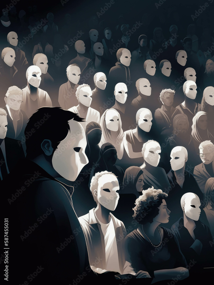 A crowd of people wearing white masks gathering in an auditorium and ...