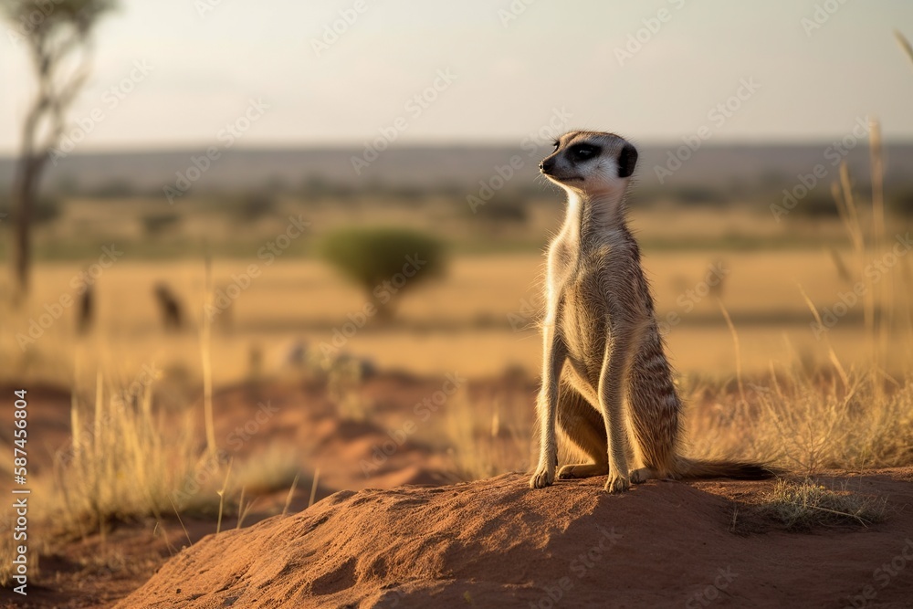 Charming suricate standing on hind legs, curiously observing the vast ...