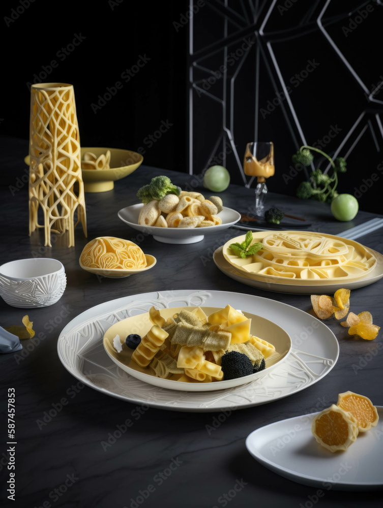 A full circle of 3D printed dishes from cheese and crackers to main ...