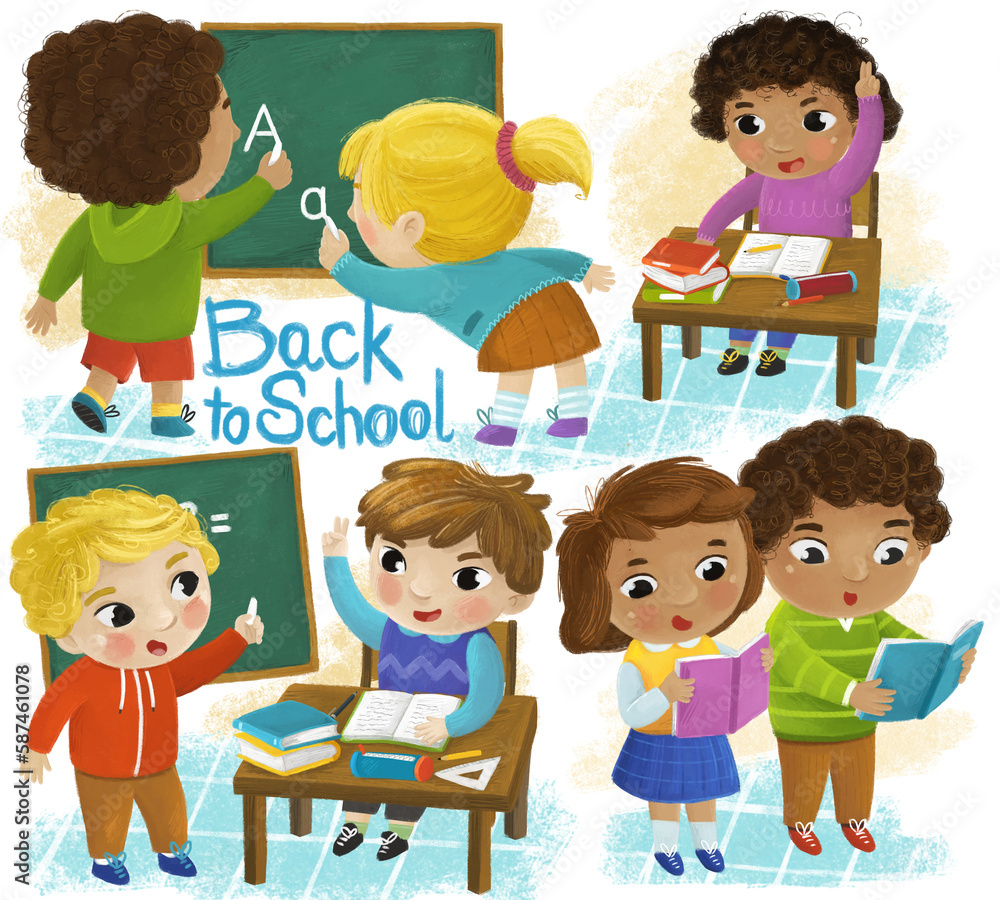 cartoon child kid boy and girl pupils going to school learning solving ...