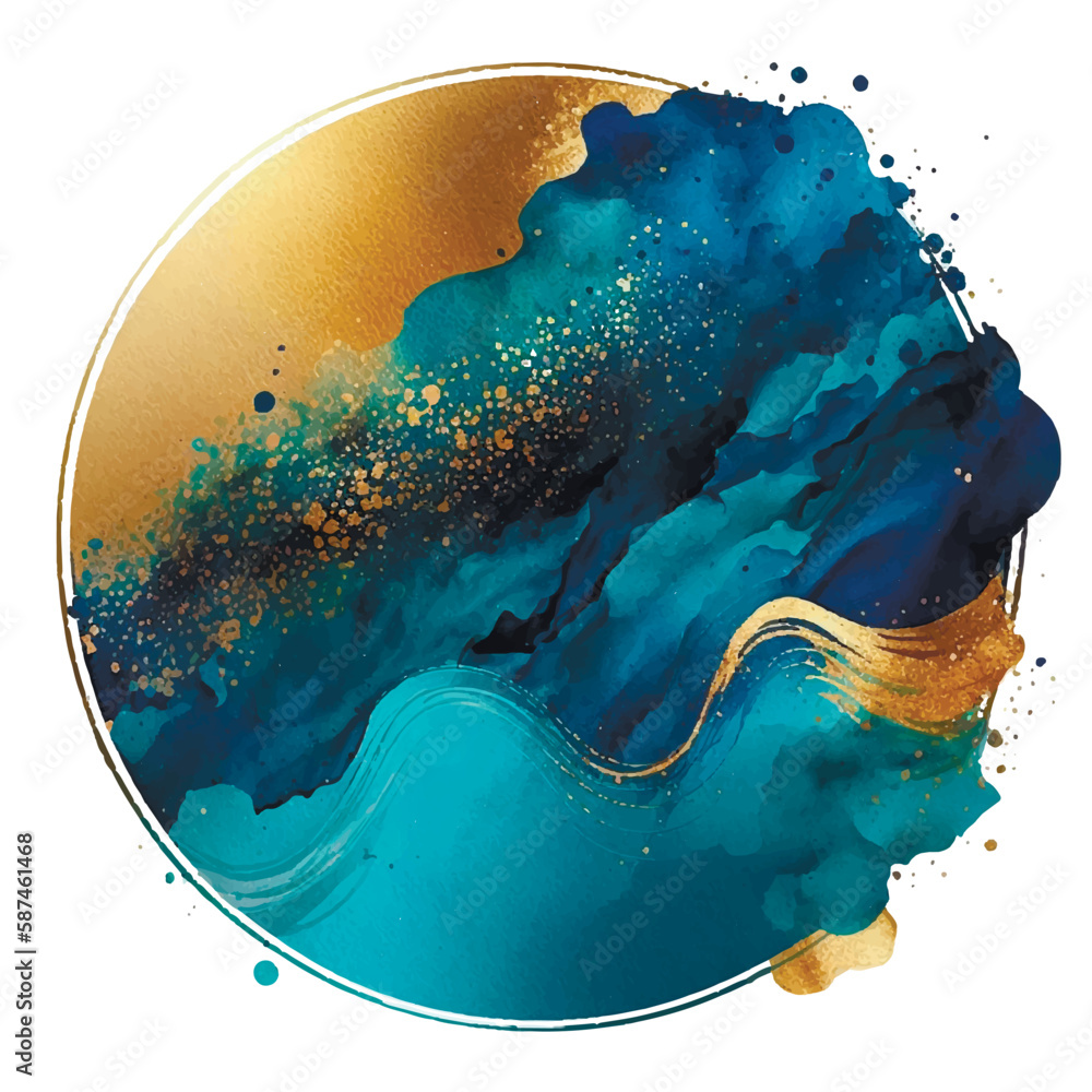Cobalt blue golden watercolor splash blot splatter stain with gold ...