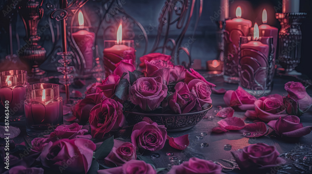 Gothic cathedral with pink roses and purple lightning. Dark fantasy ...