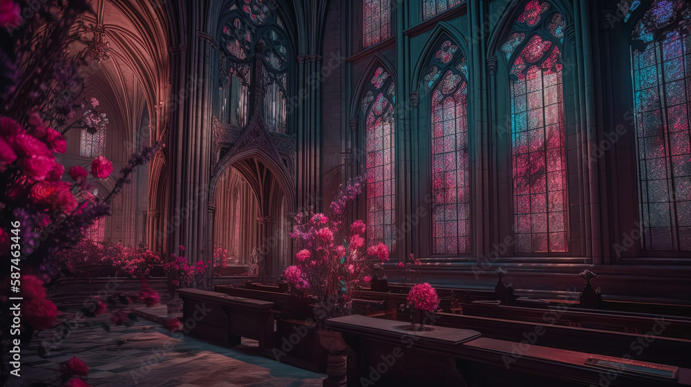 Gothic cathedral with pink roses and purple lightning. Dark fantasy ...