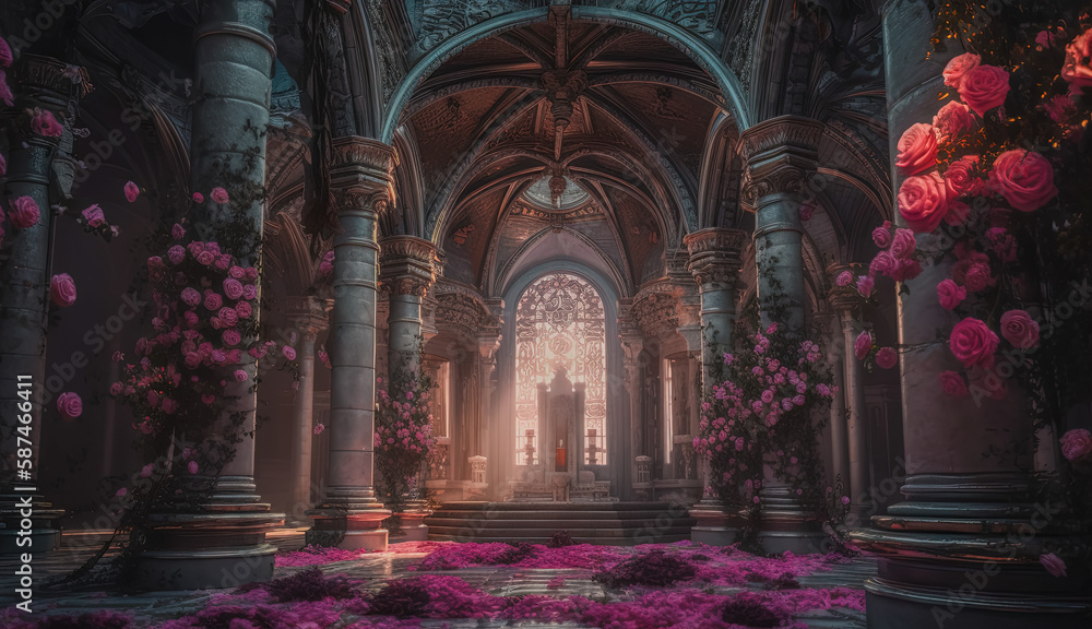 Gothic cathedral with pink roses and purple lightning. Dark fantasy ...