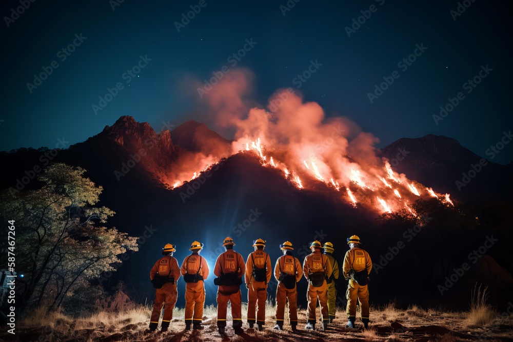 realistic photograph of a group of firefighters in front of a fire, in ...