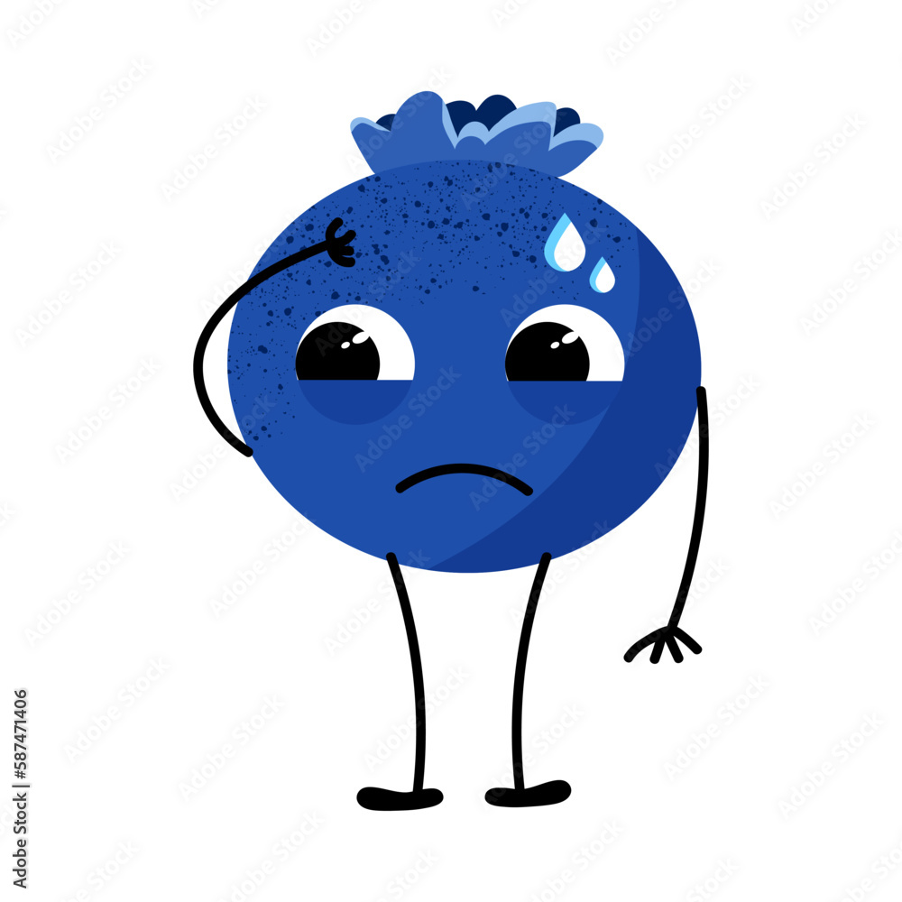 Emotion sadness, disappointment, brooding. Cute vector blueberry with ...