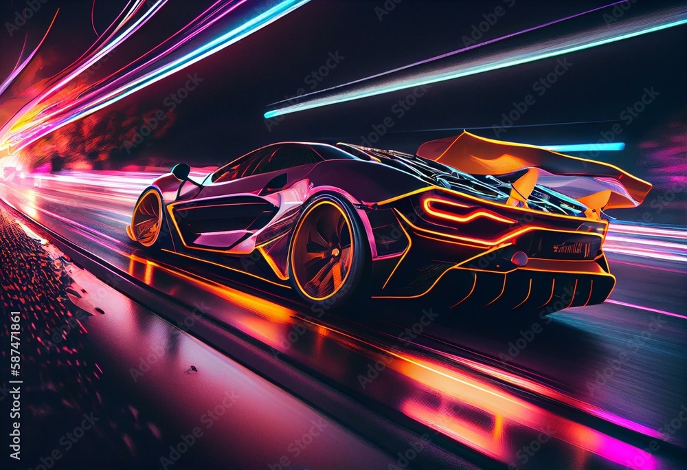 Futuristic Super Car On Neon Highway. Powerful acceleration of a ...