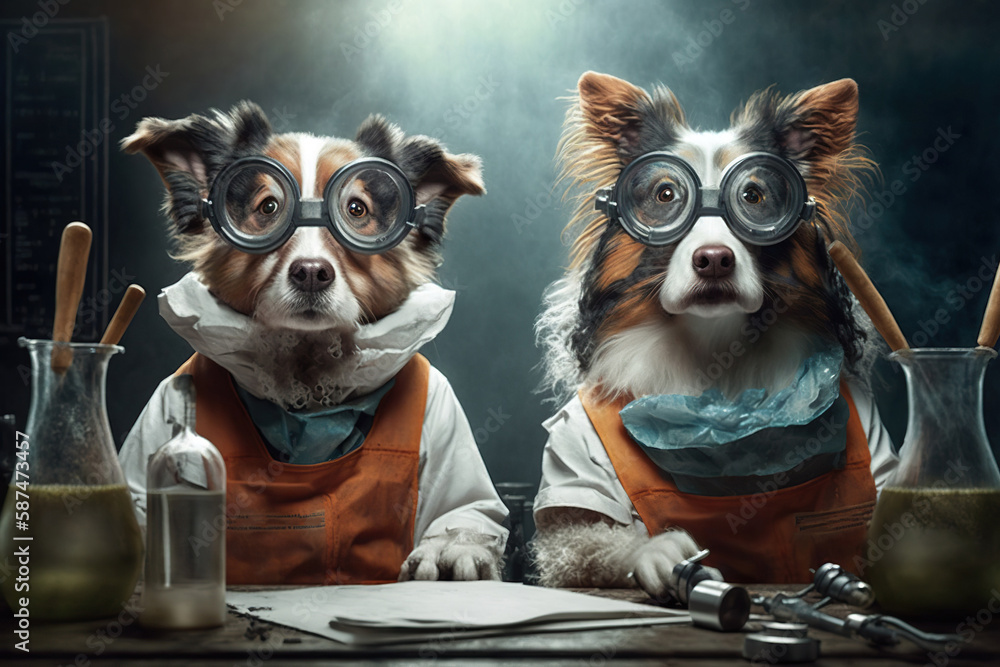 Dogs dressed as scientists doing experiment, created with Generative AI ...