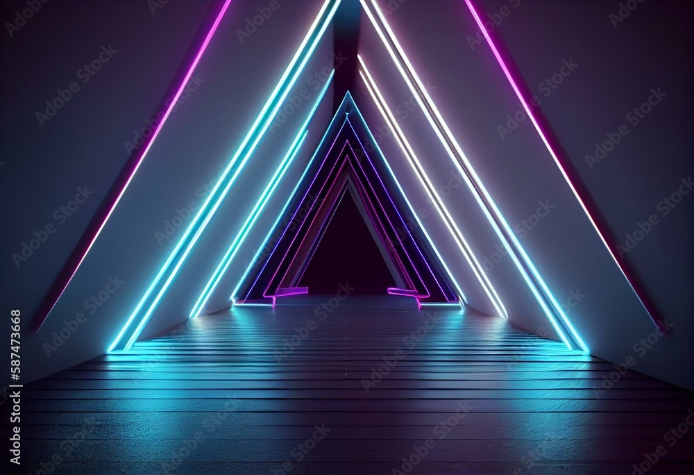3d render, neon light rods, pink and blue lines, tunnel in virtual ...