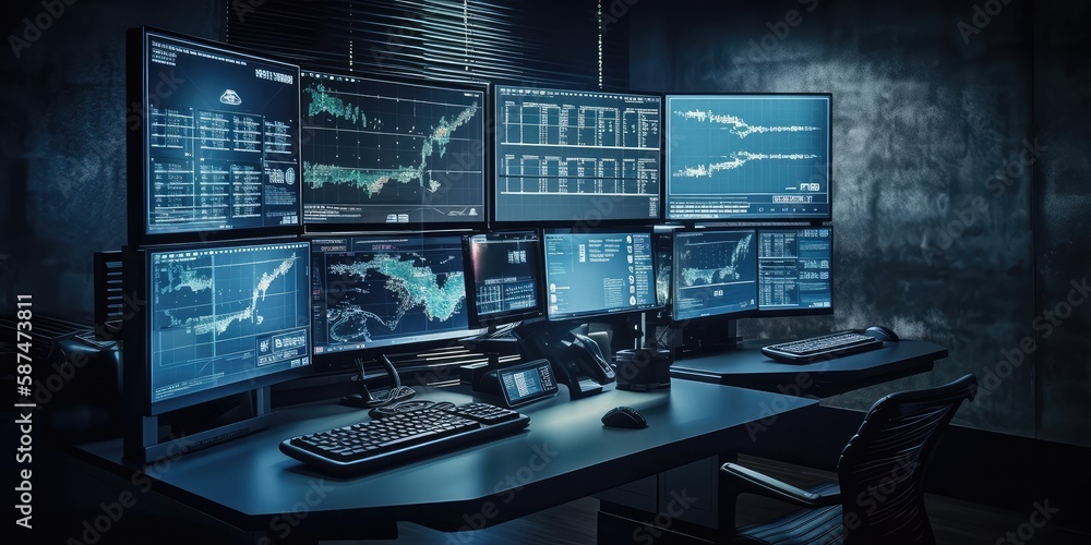 A digital computer with a map in a modern monitoring office. AI ...