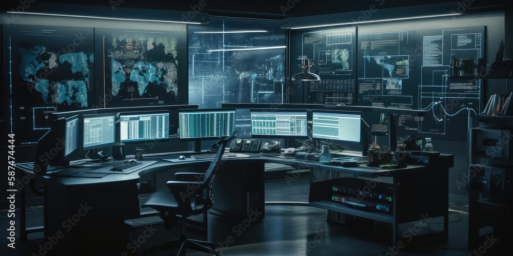 Control center, computers at the workplace. Analytical data. AI ...