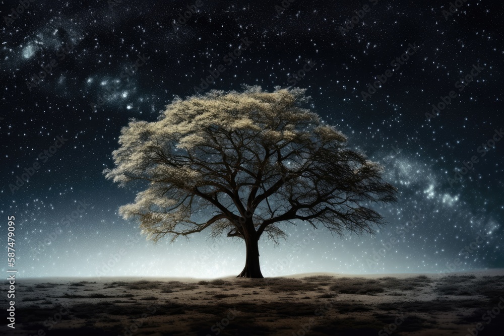 solitary tree standing under a starry night sky in the middle of a vast ...