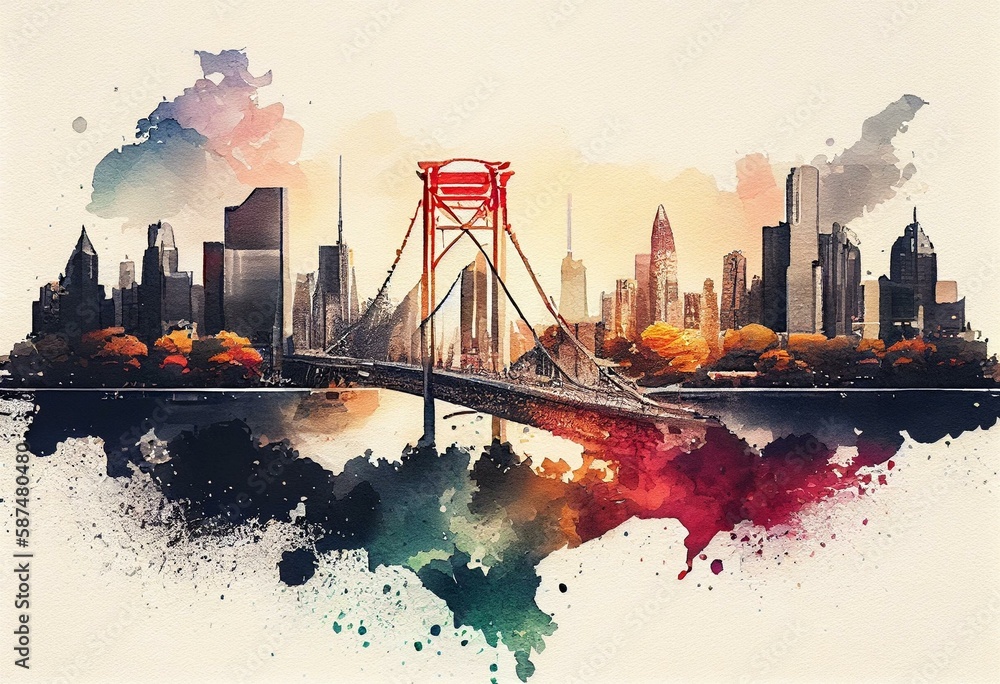 東京風景 Tokyo city skyline , Japan. Illustration of watercolor painting ...